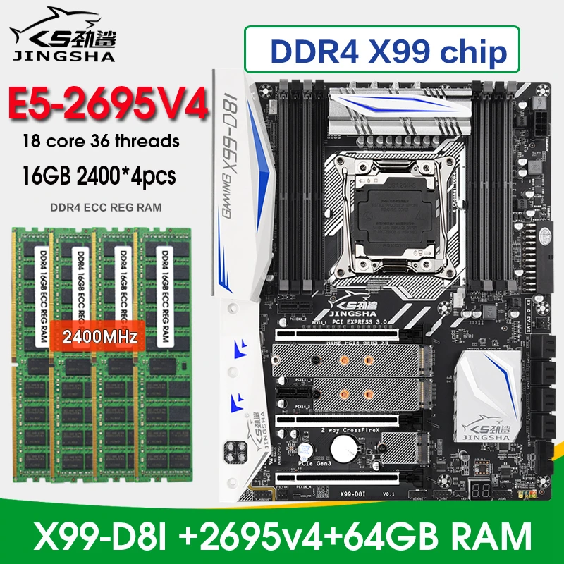 JINGSHA-KIT de placa base X99 D8I, LGA2011-3 con procesador xeon E5 2695 V4 cpu, 64GB (4x16gb ...