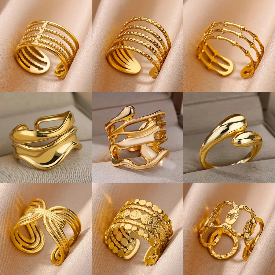 Gold-Color-Stainless-Steel-Multi-Layer-Rings-for-Women-Hollow-out-Open ...