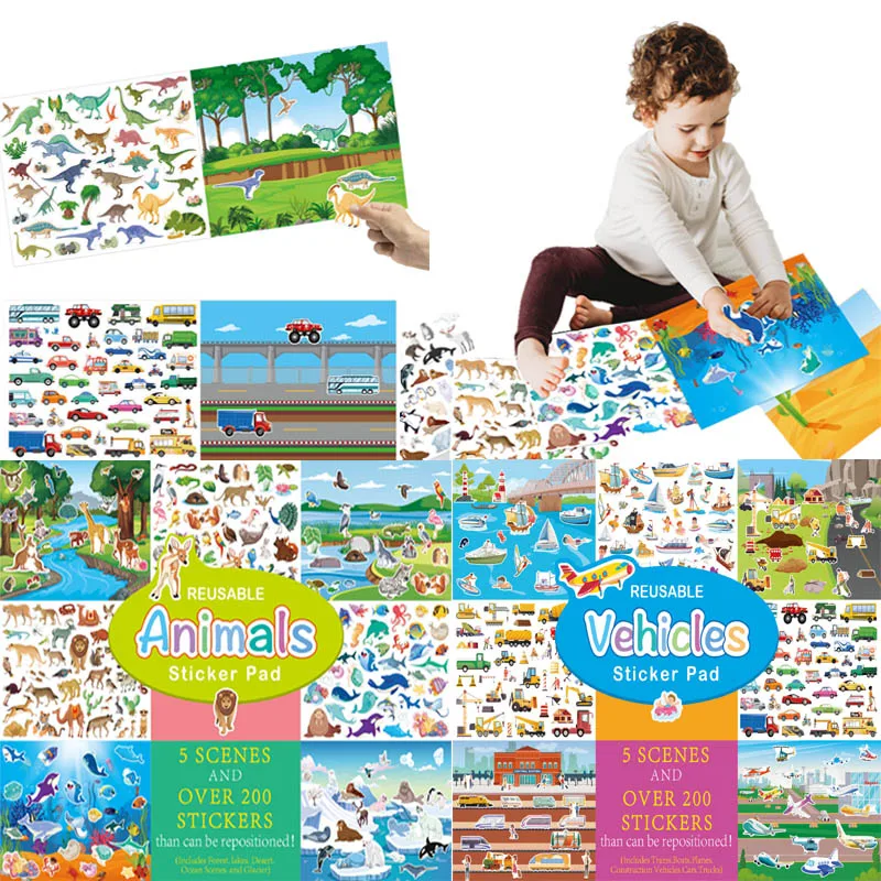 Over 200Pcs Children Scenes Stickers Reusable DIY Puzzle Montessori ...