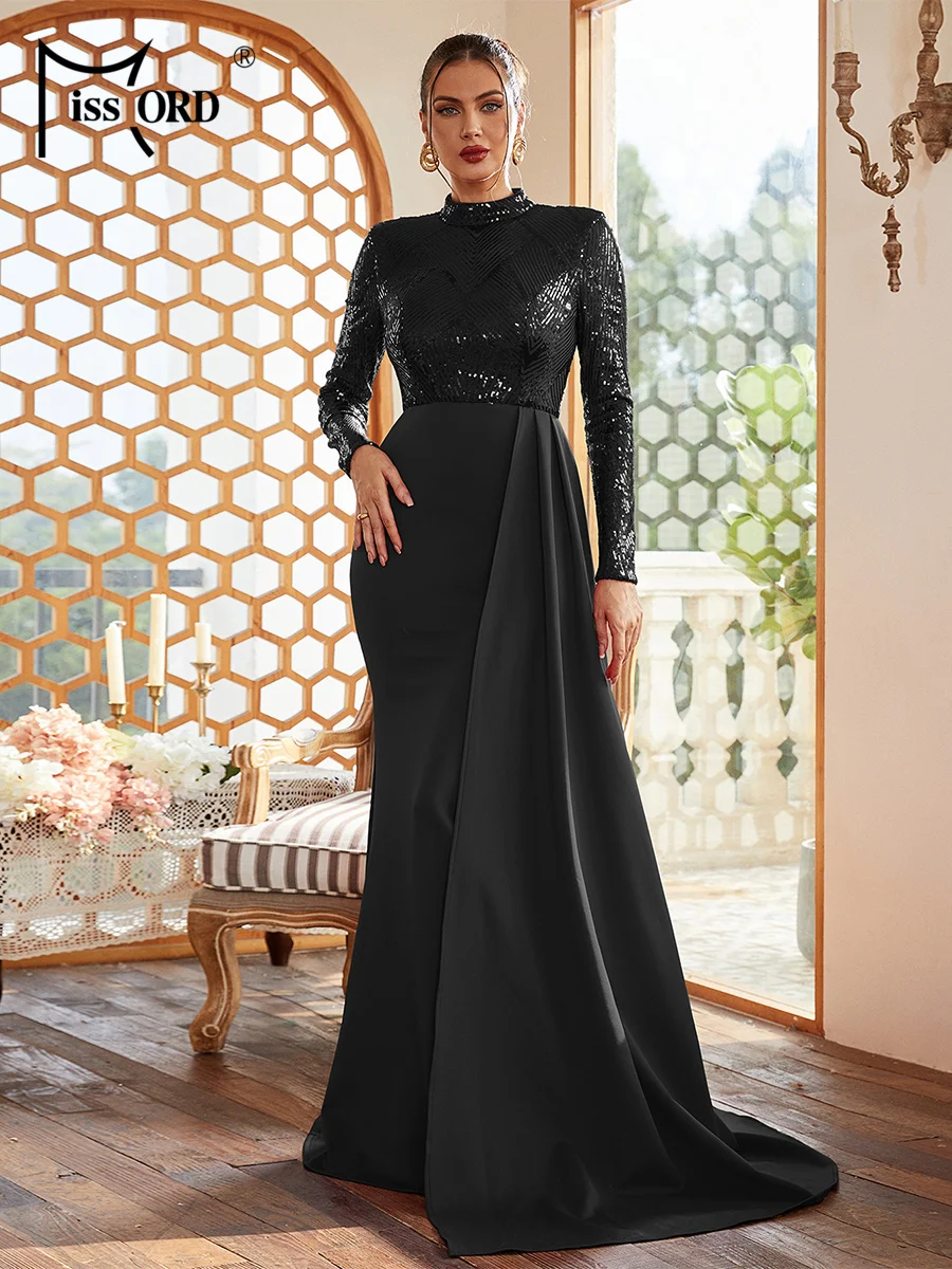 Missord Women Black Sequin Party Dress Elegant Long Sleeve Stand Neck ...