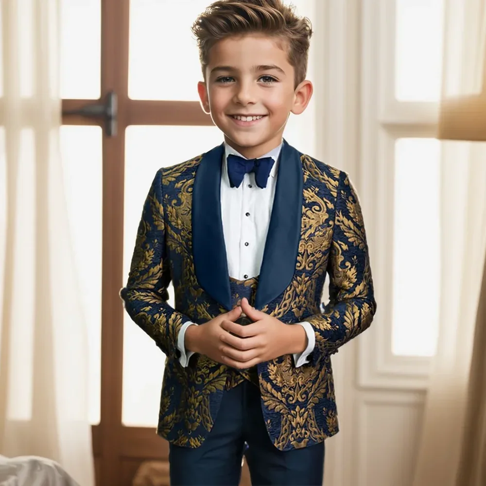 Gold Stamped Jacquard Boy Suit 3 Pieces Suit Wedding Kids Tuxedo Formal ...