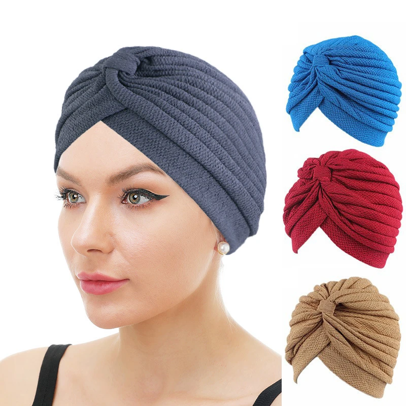 New luxury Solid Wrinkle Chevron Indian Turban Hats Cap Hijab For Women ...