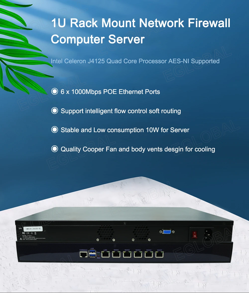 Eglobal 1U urządzenie sieciowe Firewall Router z AES NI Intel Celeron ...