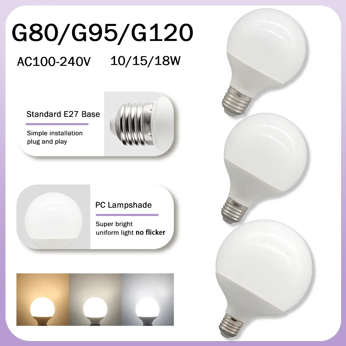 2pcs LED Bulbs 18W 15W 10W E27 G80 G95 G120 Energy Saving Global Light ...