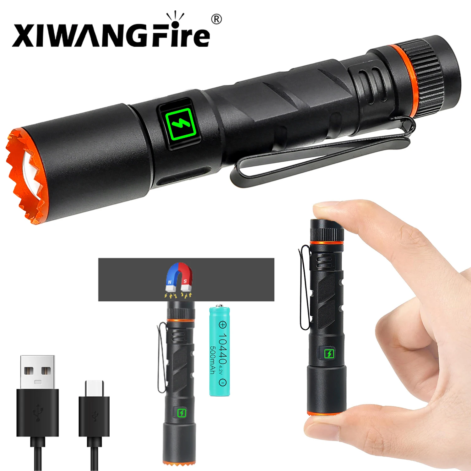 New-LED-flashlight-10440-lithium-battery-with-pen-clip-retractable-zoom ...