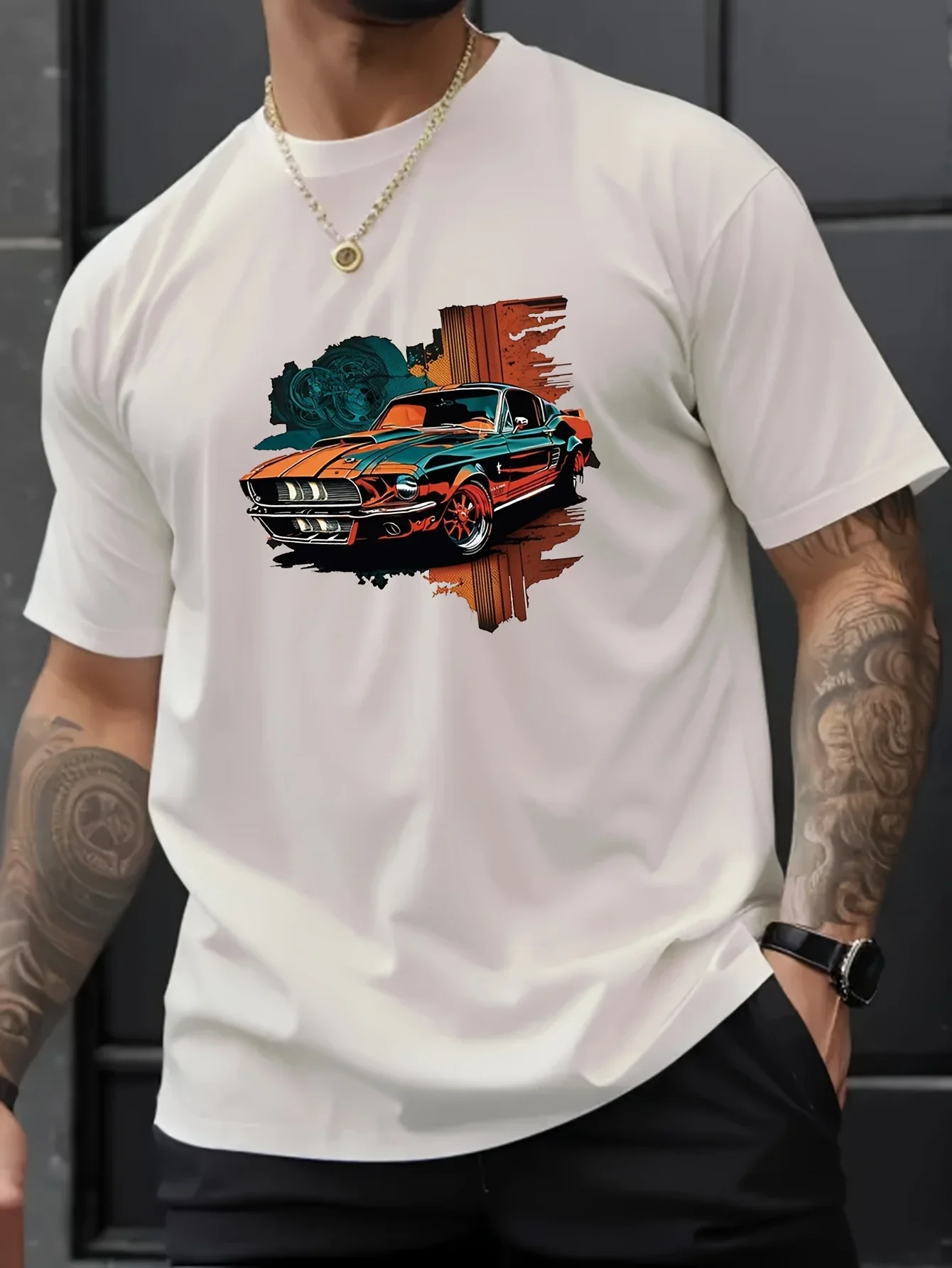 Car Print Men's Creative Top, Casual Short Sleeve Crew Neck T-shirt ...