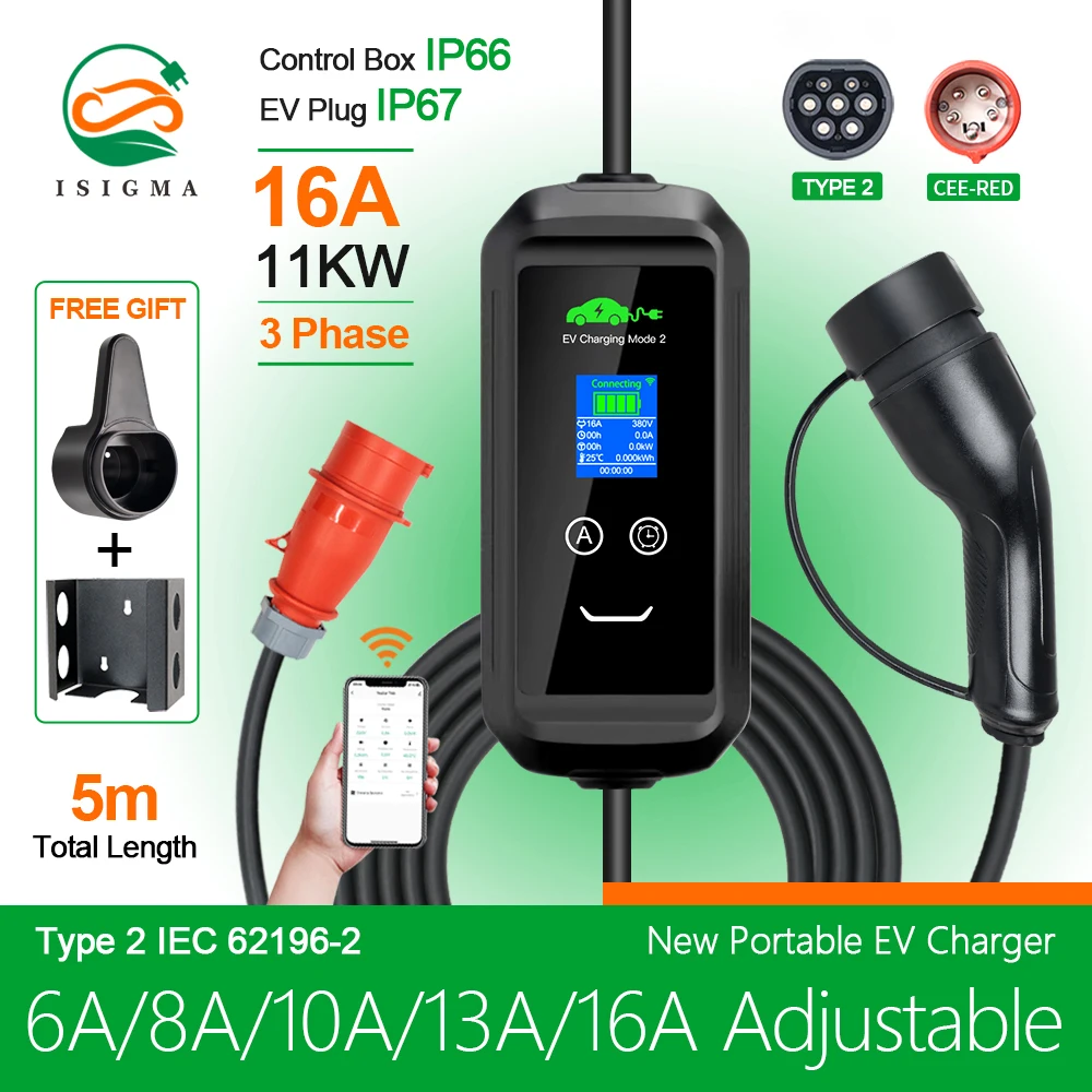 Isigma-16A-3P-11kw-Portable-EV-Charger-Type2-IEC62196-2-Tuya-APP-EVSE ...