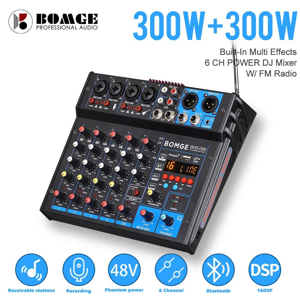 Bomge 6 Channel Power Karaoke Stereo Amplifier Audio Mixer Sound Interface Mixing Console 600w ...