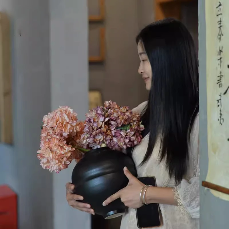 Black Moon Jar Ceramic Vase Arrangement Wabi-sabi Chinese Flower ...