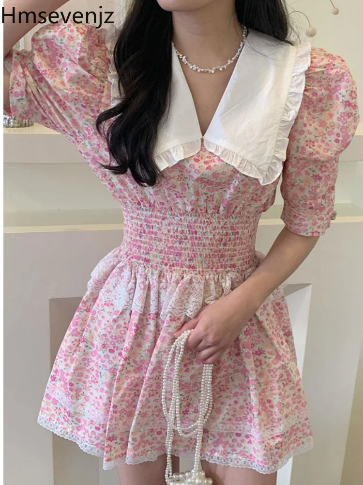 Hmsevenjz Pink Floral Dress Women Kawaii Short Puff Sleeves Korean Chic ...