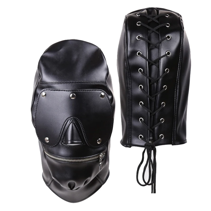 Punk-Sexy-Adult-Game-Men-Black-PU-Leather-Head-Bondage-Hood-Mask-Zipper ...