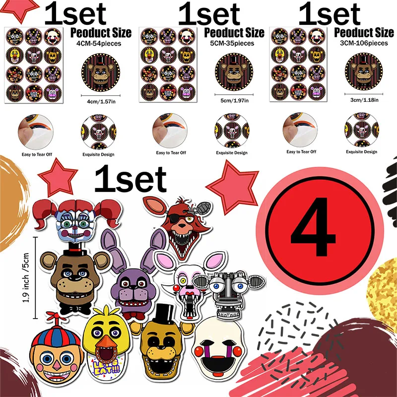 FNAF Themed Cartoon Sticker Round Label Birthday Party Five Nights at ...