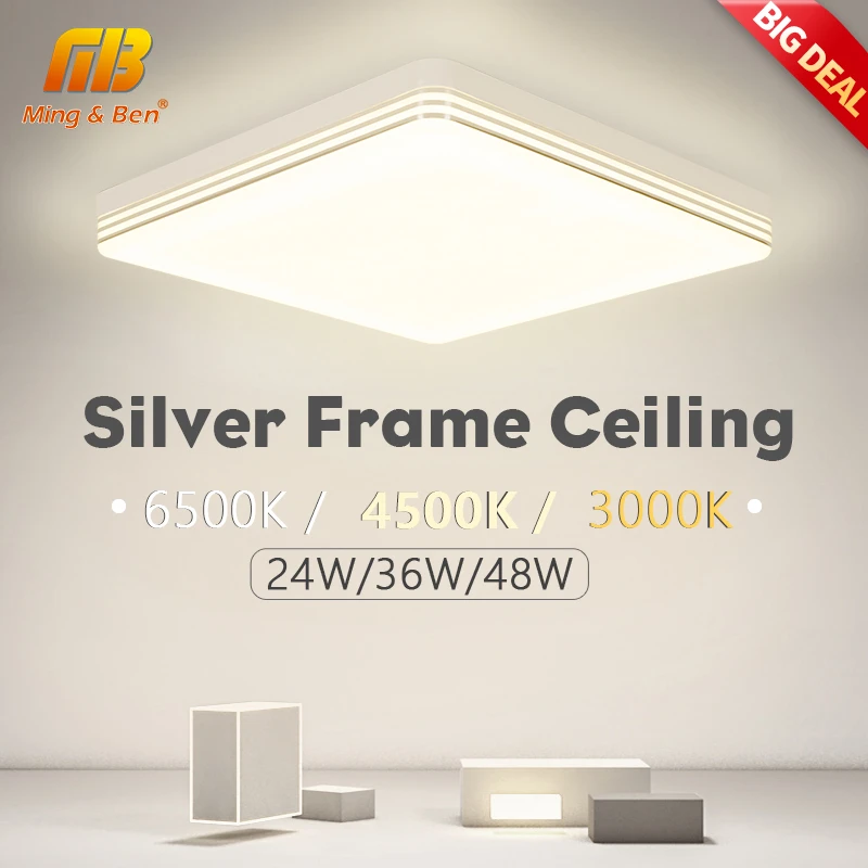Square Led Ceiling Lamp Silver Frame Natural White Lustre Lighting 48W ...
