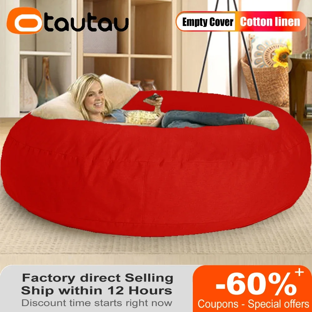 OTAUTAU-6-7ft-Thick-Cotton-Linen-Sofa-Bed-Cover-Giant-Round-Bean-Bag ...
