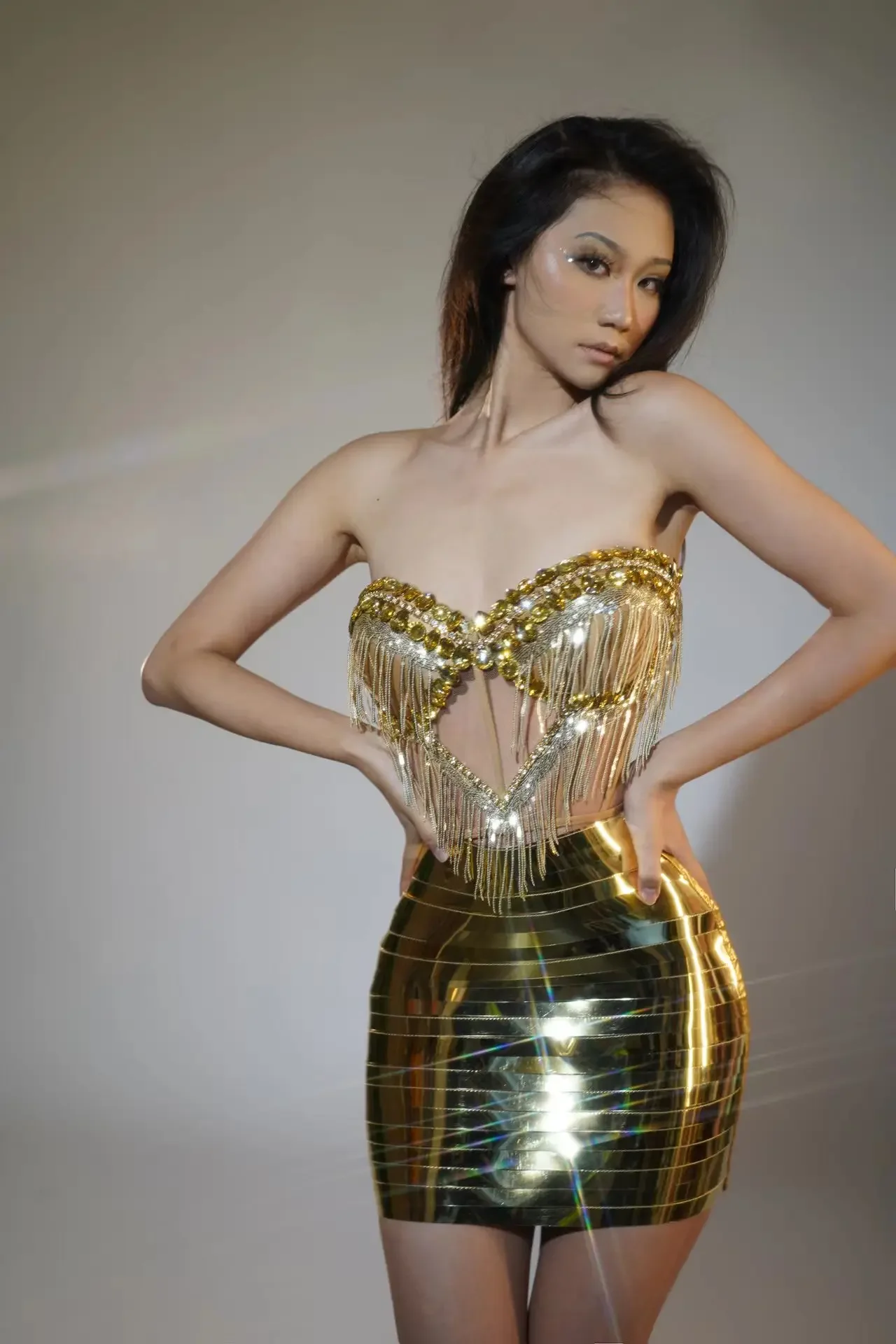 Gold-Silver-Birthady-Party-Dress-Festival-Outfit-Rhinestones-Fringed-Top-Laser-Skirt-Bar ...