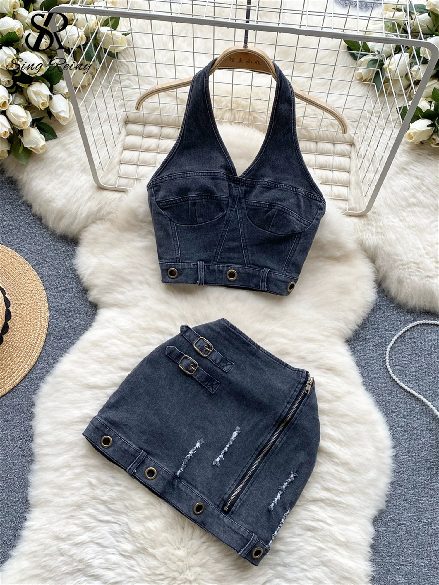 SINGREINY-Trend-High-Street-Denim-Suits-Backless-Sleeveles-Halter-Y2K ...
