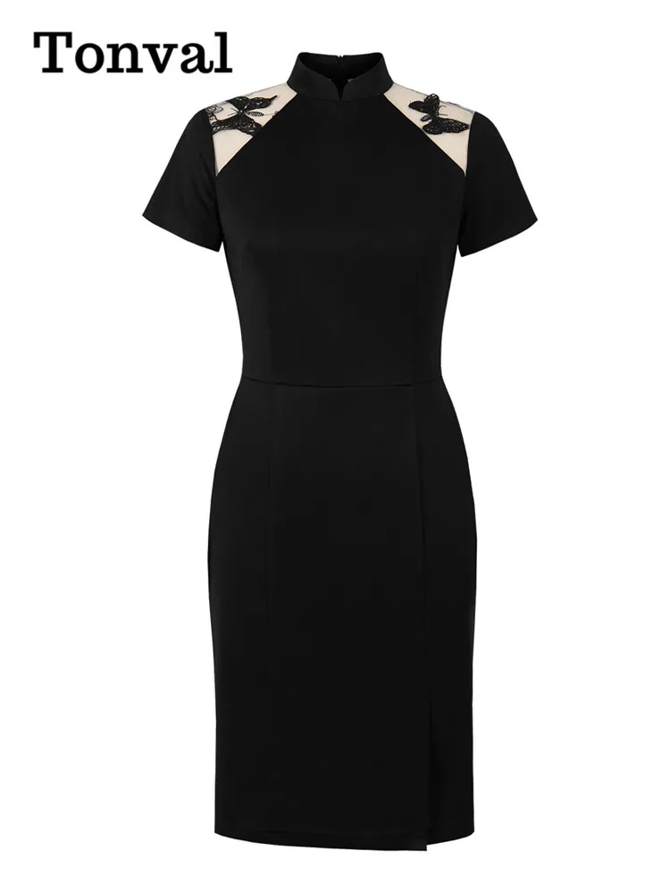 Tonval-Robe-crayon-noire-col-mandarin-pour-femme-maille-papillon-initi ...