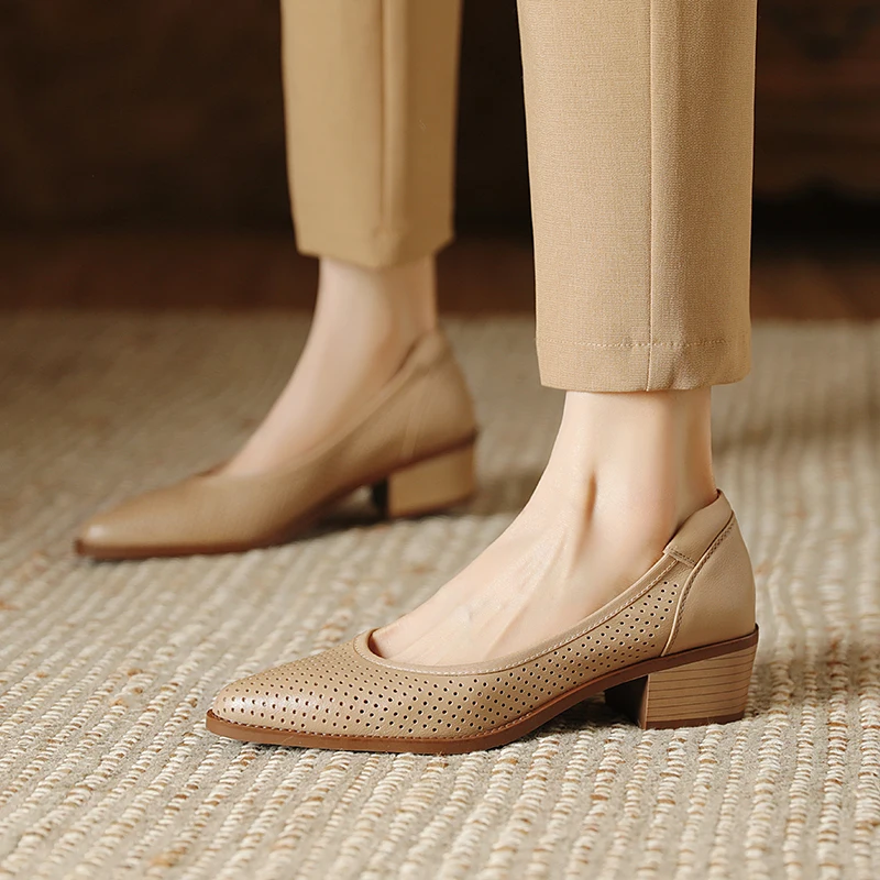 Ladies-Pumps-Cowhide-Retro-Thick-Med-Heels-Spring-Autumn-Breathable ...