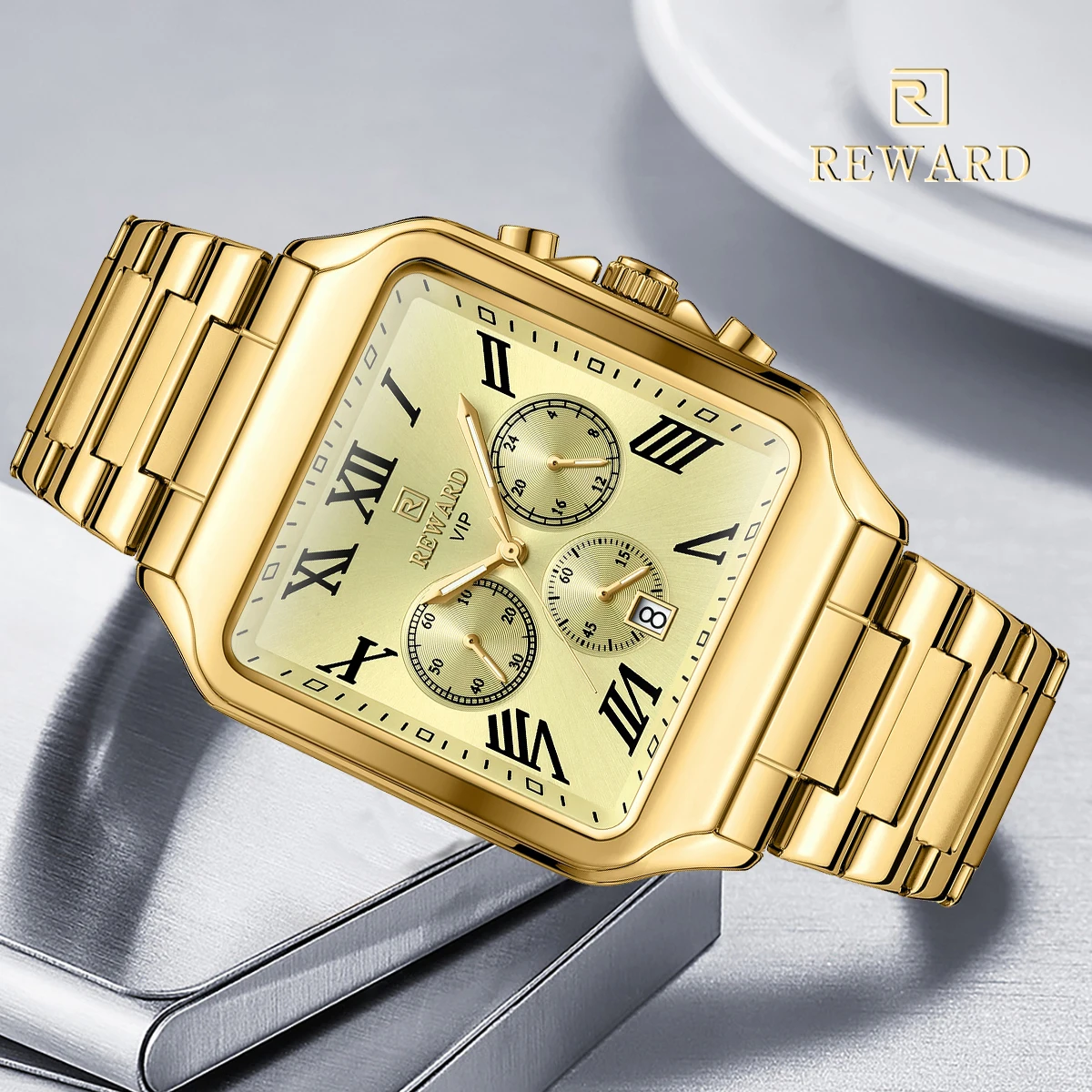 Men Business Square Watch Simple Design Luxury Fashion Gold Stainless ...