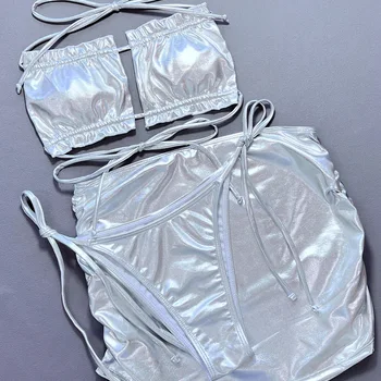 Sexy Zilver Metallic Bandeau Ruches Bikini Sets Drie Stukken Met Mini ...