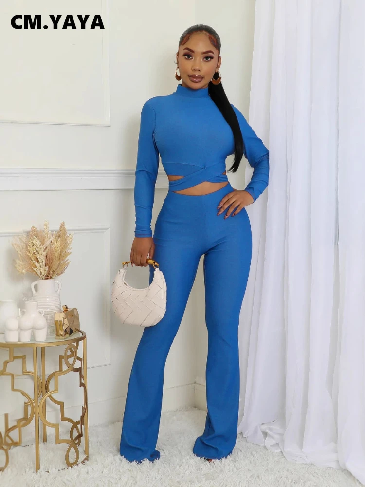 CM-YAYA-Women-s-Set-Full-Sleeve-Cross-Hollow-Out-Top-Flare-Pants-Suit ...
