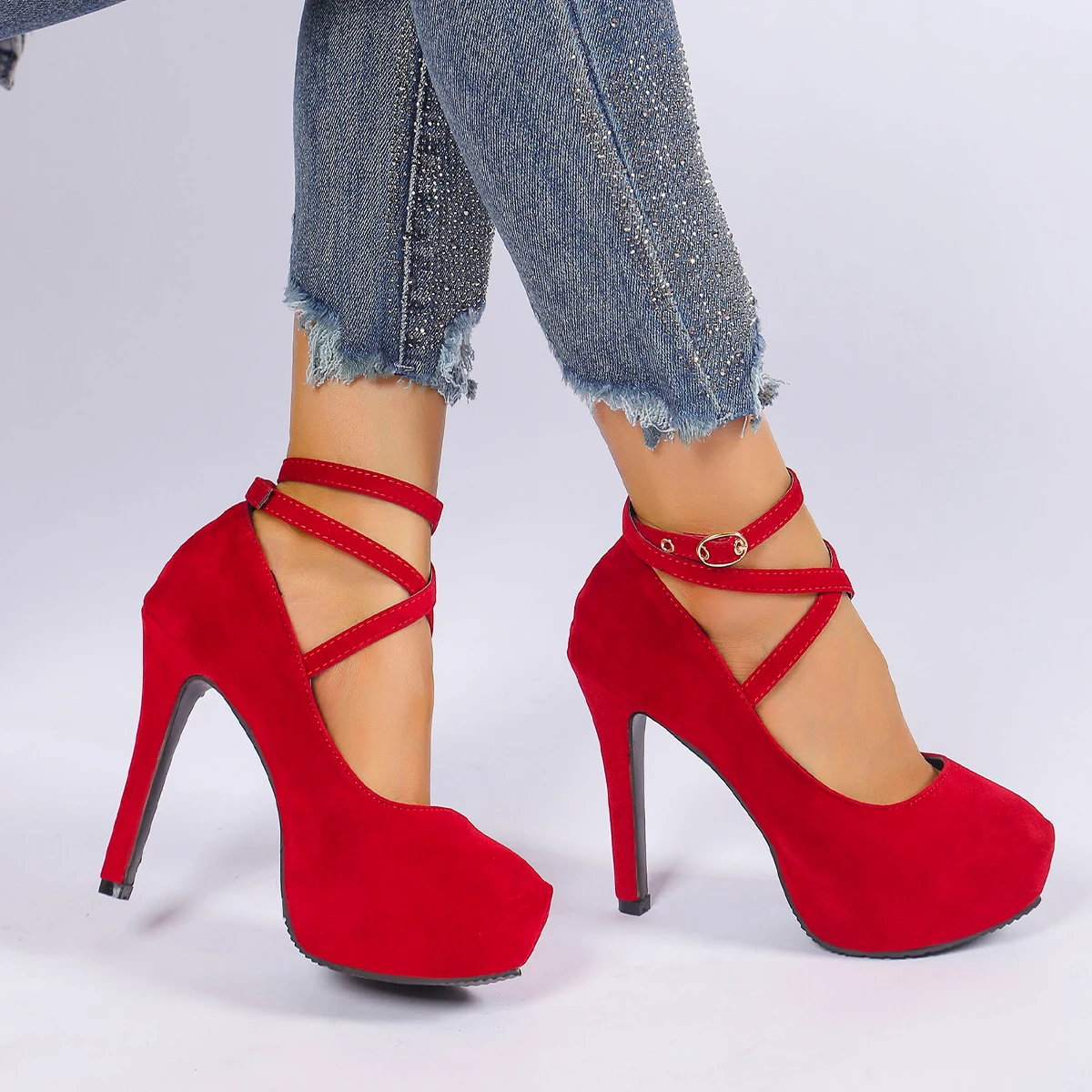 High-Heels-Women-Pumps-2024-New-Round-Toe-Platform-Women-Pumps-Buckle ...