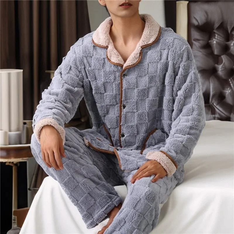 Men-Autumn-Winter-Coral-Fleece-Pajamas-Warm-Sleepwear-Set-Warm-Thicken ...