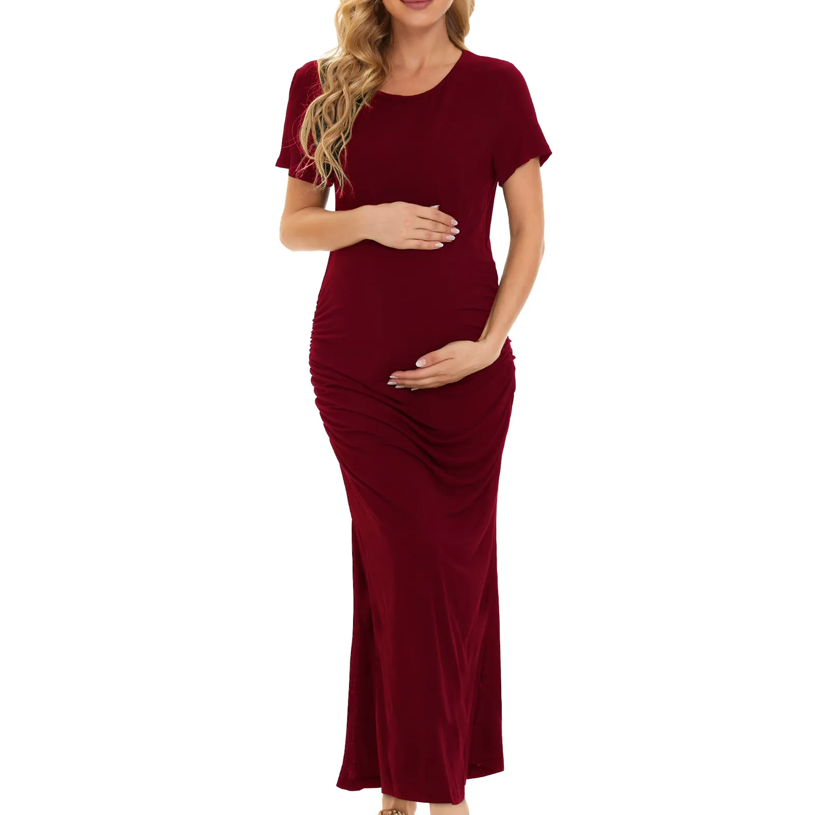 Vestido-de-maternidad-largo-con-abertura-para-mujer-ropa-de-embarazo-fruncida-de-manga-corta ...
