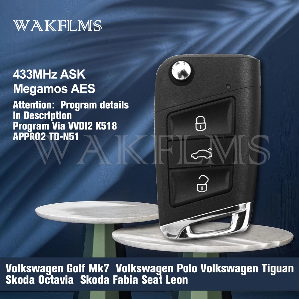 3 Button Flip Remote Car Key 433Mhz For Volkswagen Golf Mk7 VII Skoda ...