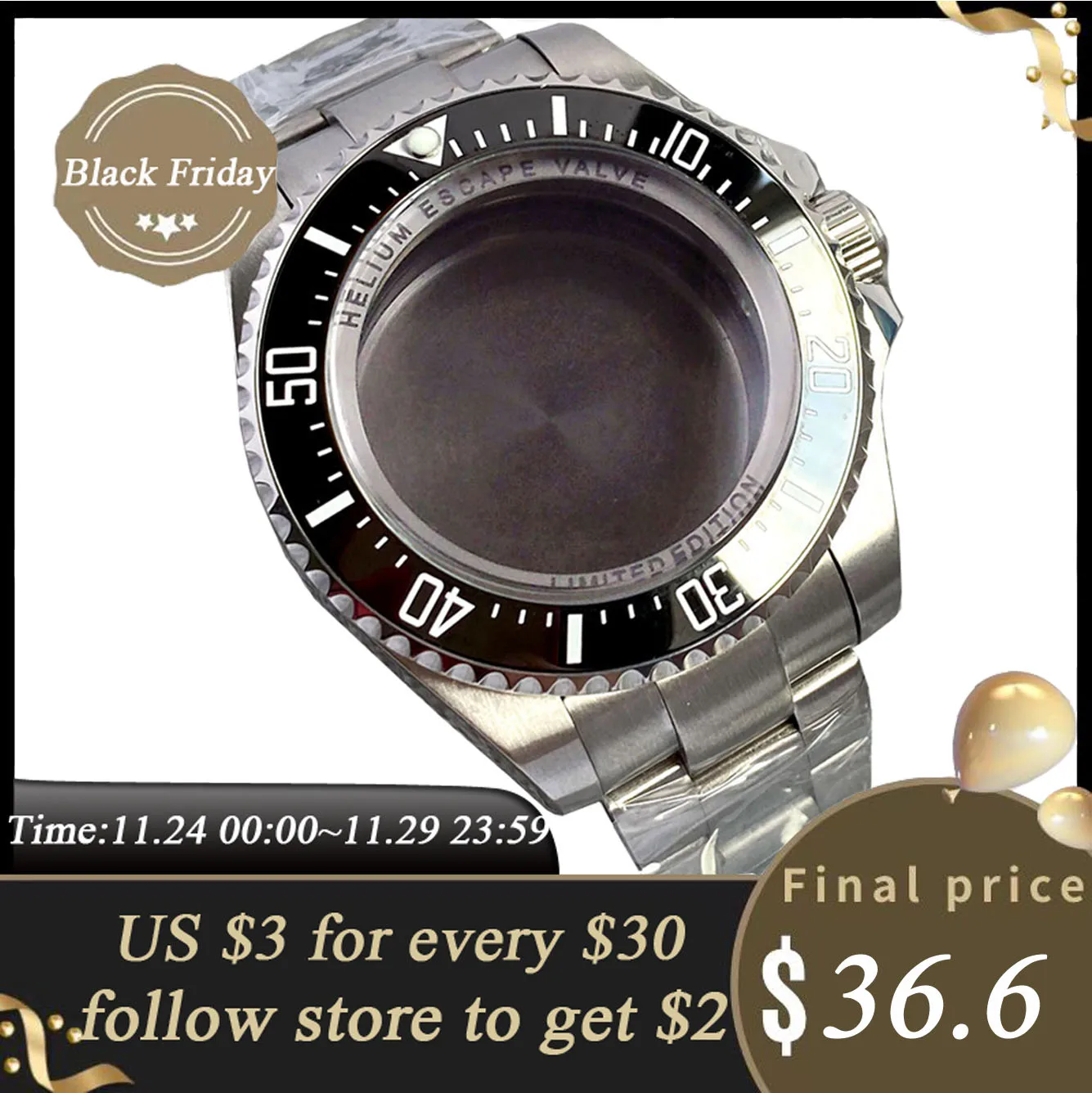 43mm Watch Parts Blue Black Bezel Solid Back Watch Case Oyster Bracelet ...