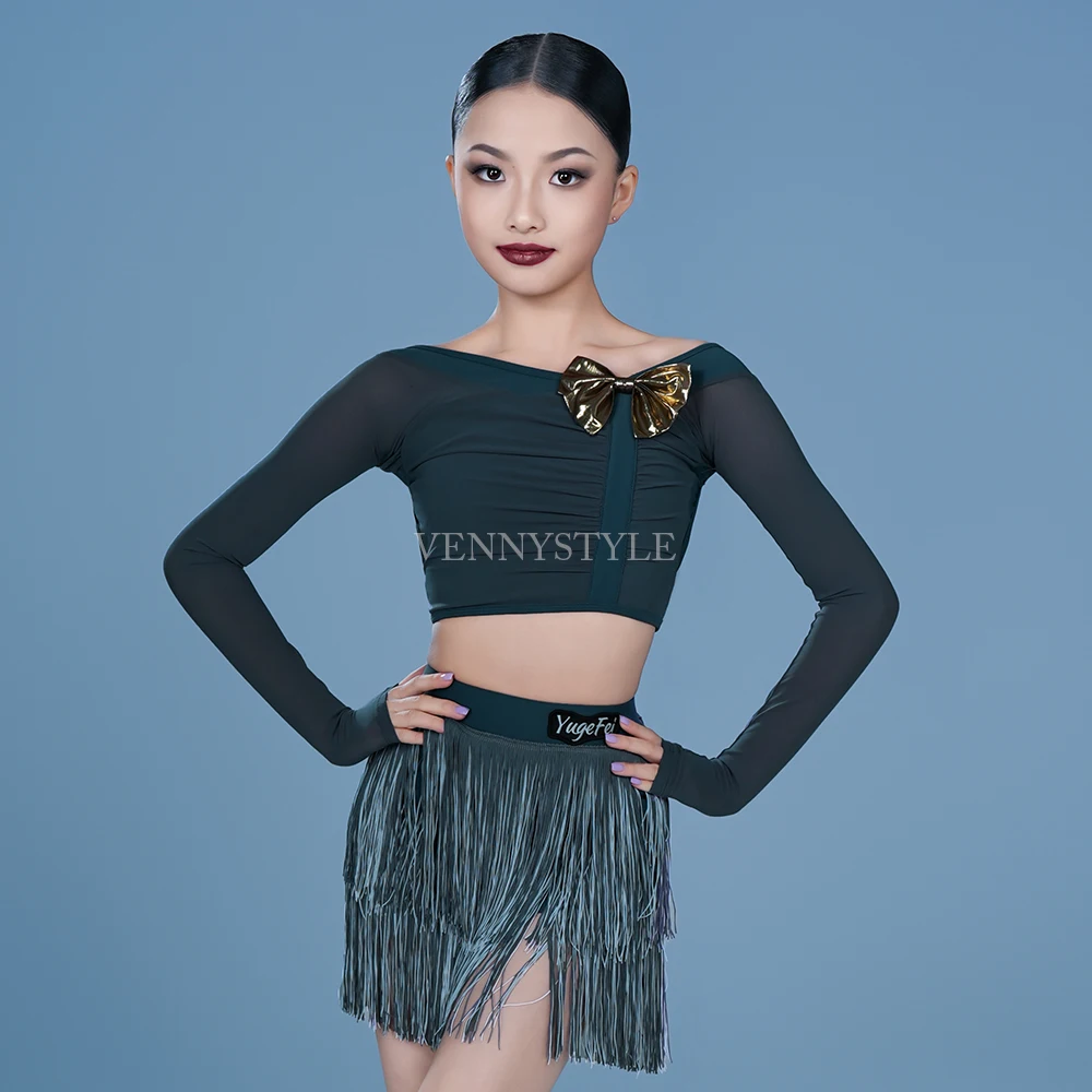 Vennystyle Latin dance costume girls long sleeve asymmetric pleats top ...