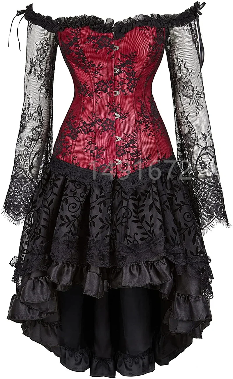 Corset Dress Long Sleeves Bustier Corset and Skirt Set Gothic Floral ...