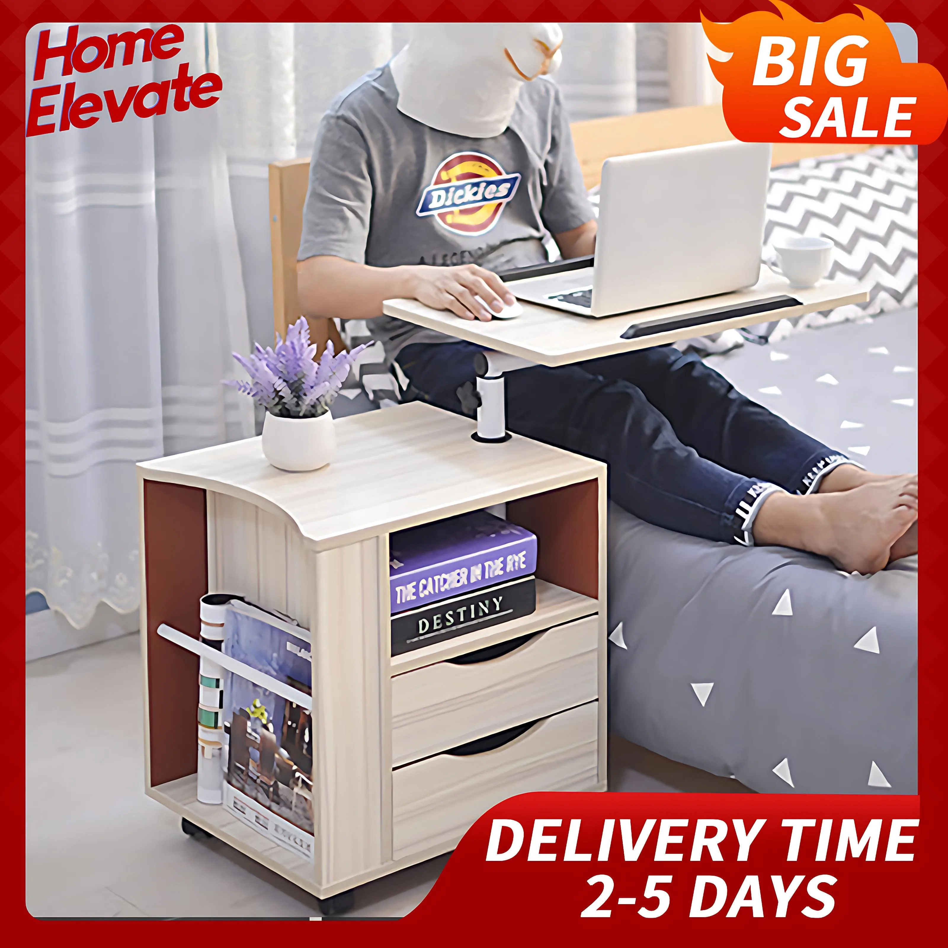 Rotating End Table 2 Drawers Adjustable Height Bedside Cabinet 360 ...