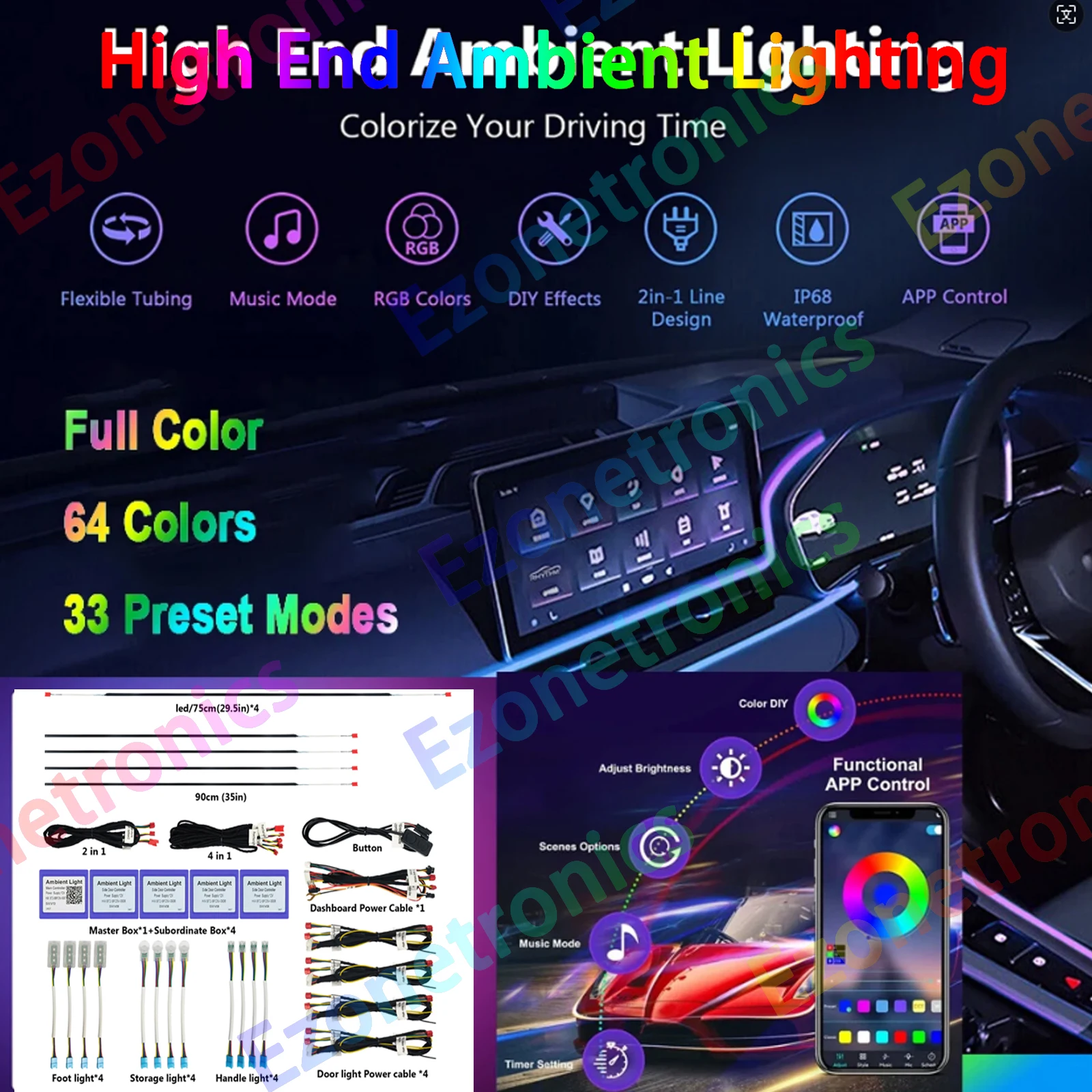 64-Color-Car-Interior-Acrylic-Guide-Fiber-Strip-18-in-1-Backlight-Car ...