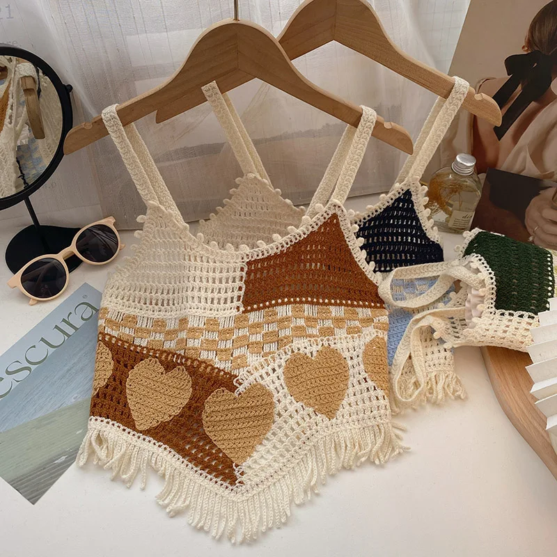 Korean Fashion Tank Top Women Colorblock Knitted Spaghetti Strap Tassel ...