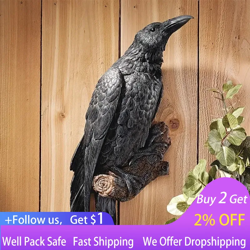 Resin Black Crows Perch Wall Sculpture Lifelike Crows Garden Hanging ...