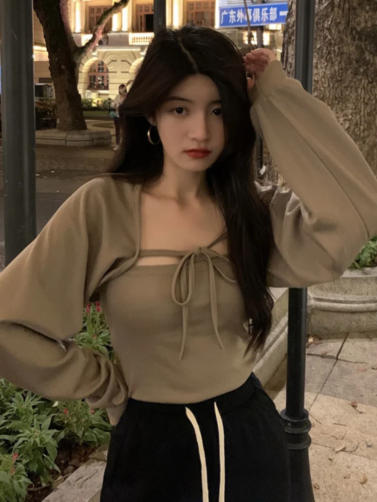 Sdxy-Bandage-Tank-Top-Solid-Long-Sleeve-Cropped-Cardigan-Women-Two ...