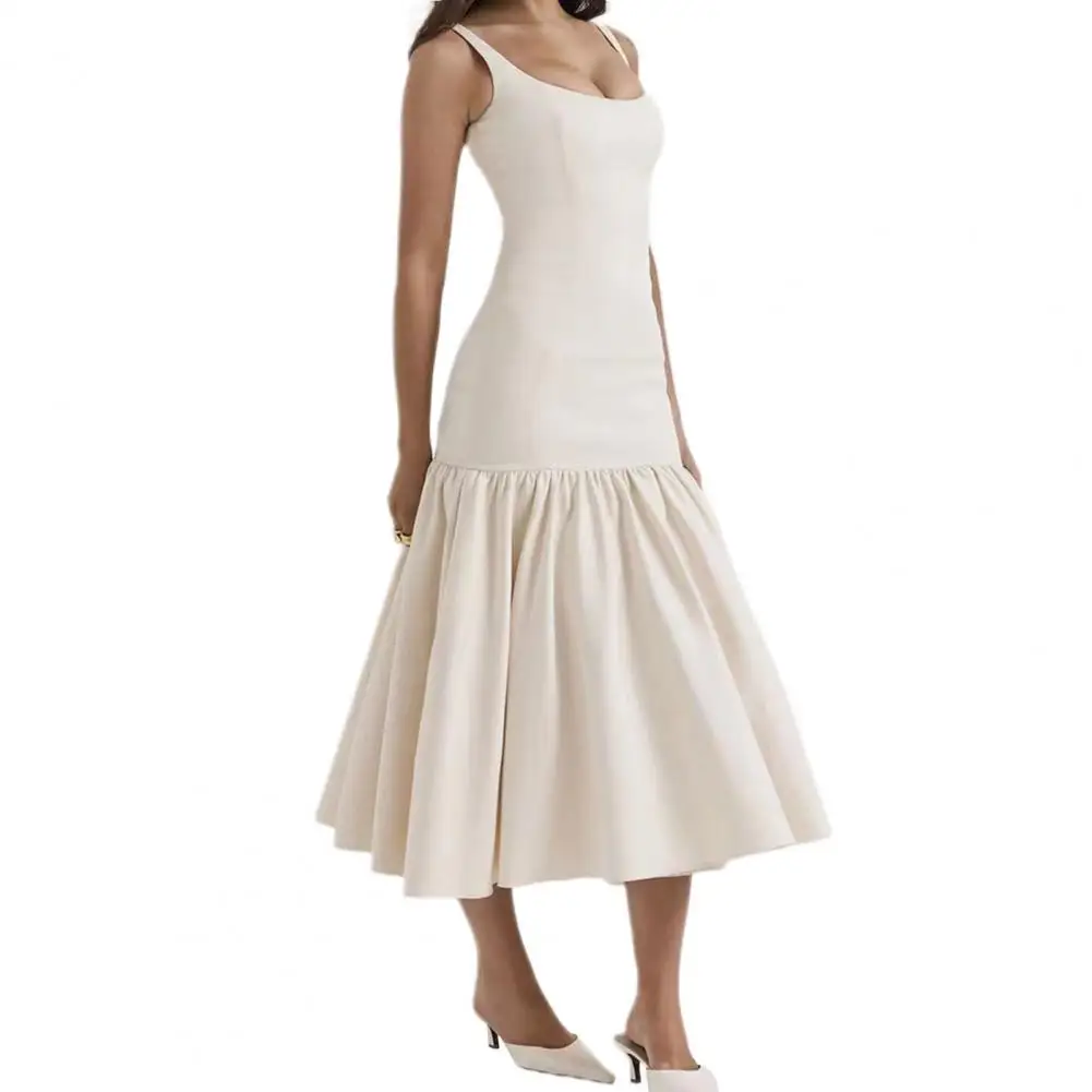 Women-Long-Dress-Solid-Color-Pleated-Dress-Elegant-Ruffle-Hem-Evening ...