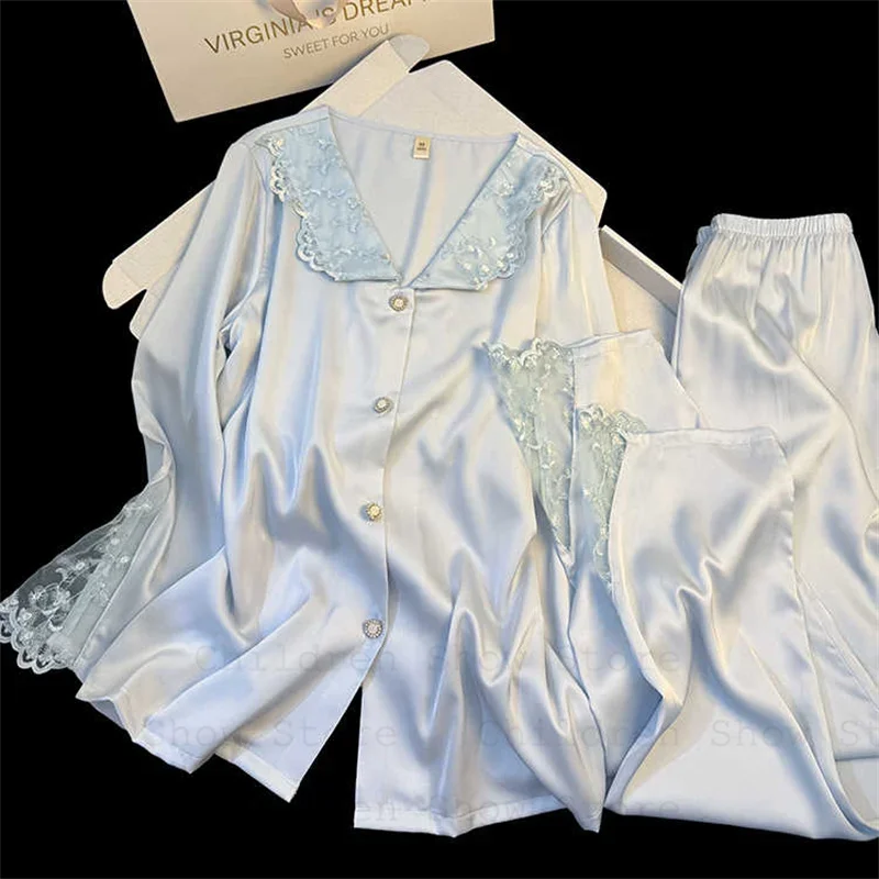 New Ice Silk Loungewear Fairy Full Sleeve Tops Pants Two Piece Sets ...