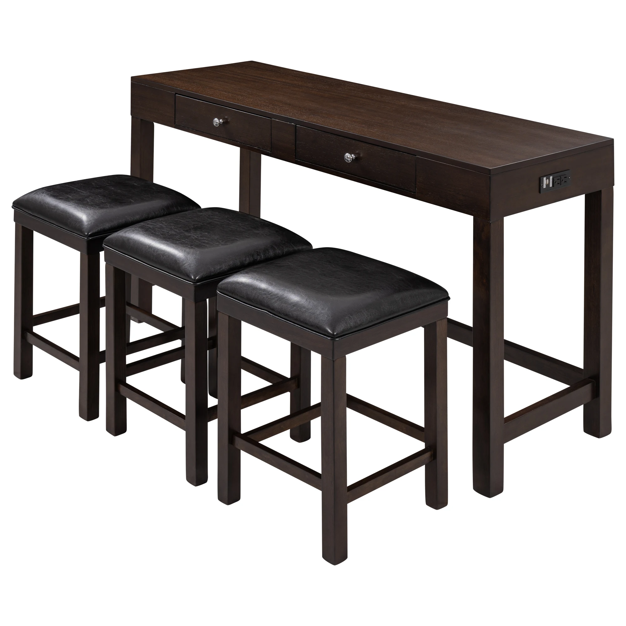 4-Piece-Counter-Height-Table-Set-with-Socket-and-Leather-Padded-Stools ...
