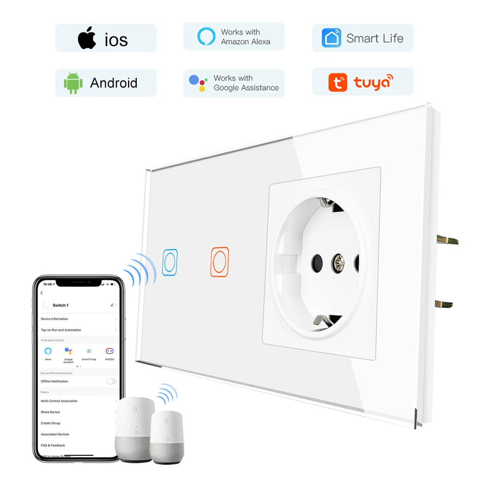 Sran Tuya Wifi Switch 1/2/3gang With 16a Eu Wall Socket,work With Alexa ...
