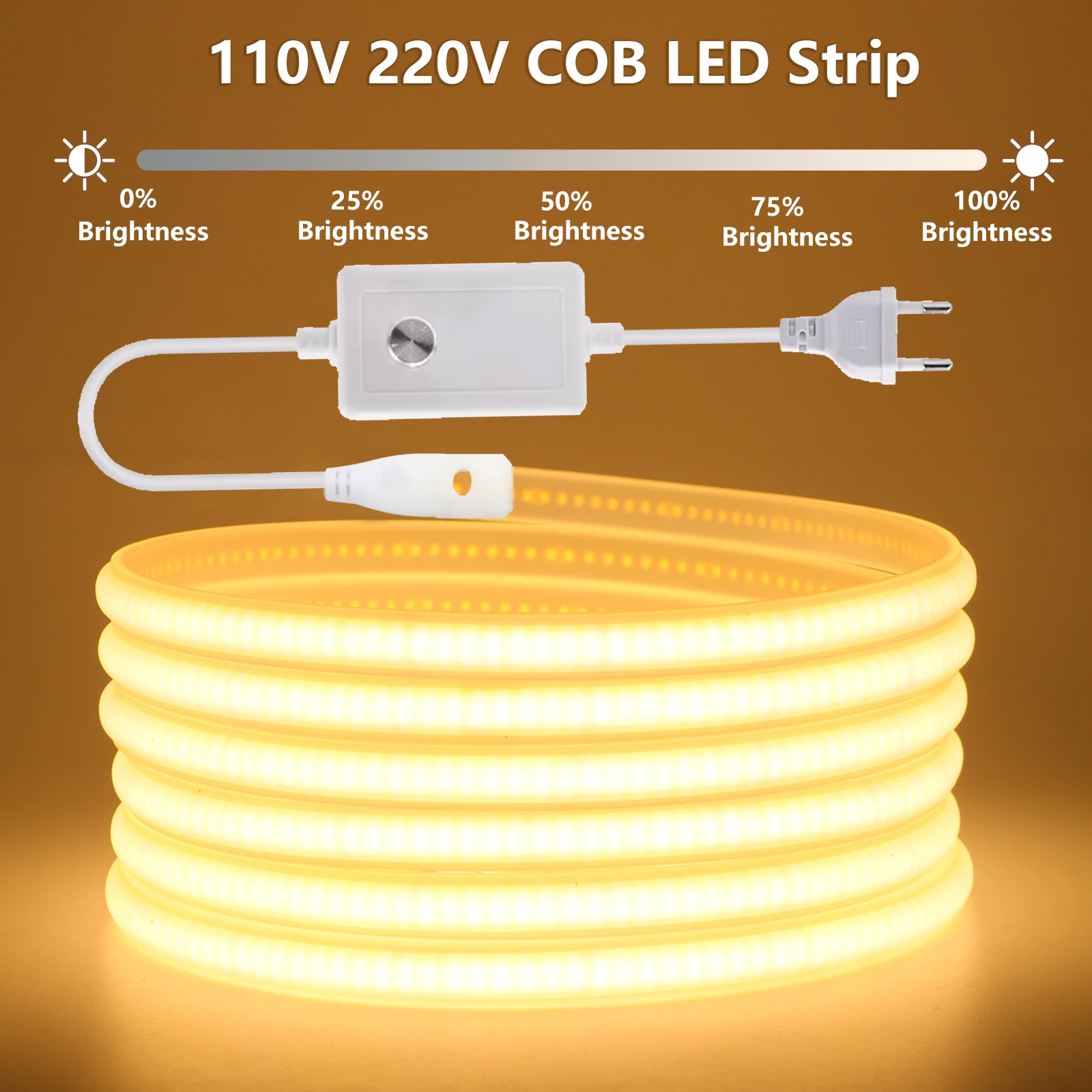 AC 110V 220V COB LED Strip with Dimmer/Switch and Plug Waterproof ...