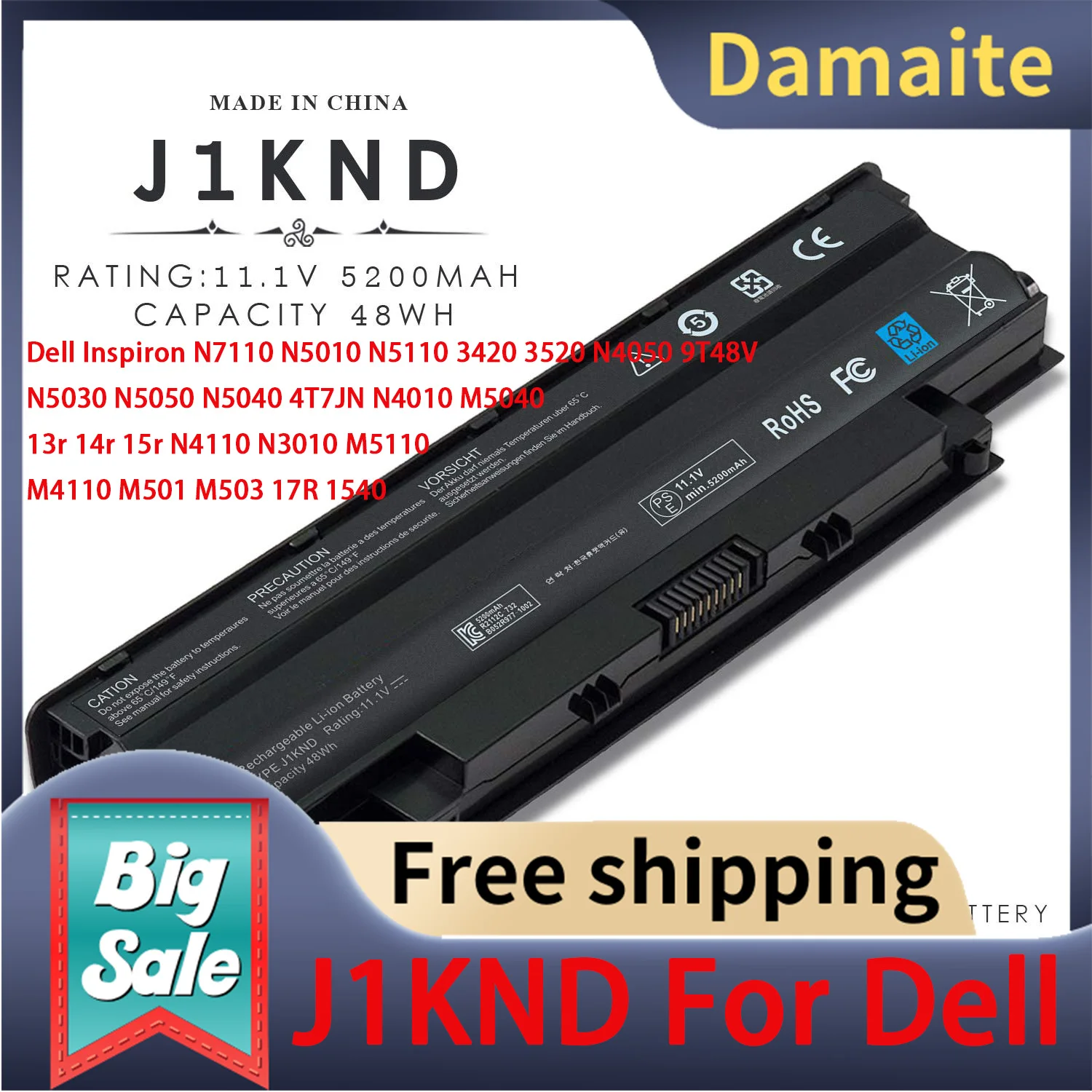 Damaite 5200mAh J1KND N4010 58Wh Laptop Battery Compatible with Dell ...