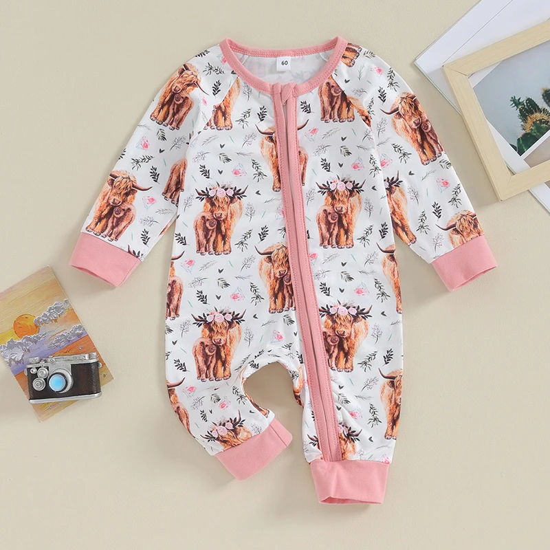 Western-Baby-Girl-Clothes-Cow-Print-Long-Sleeve-Romper-Jumpsuit-Zip-Up-Bodysuit-Headband-Cute ...