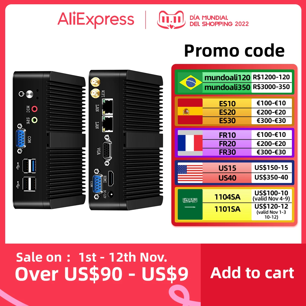 XCY Fanless Mini PC Intel Celeron J1900 Quad Cores 2.0GHz 2x RS232 2x ...