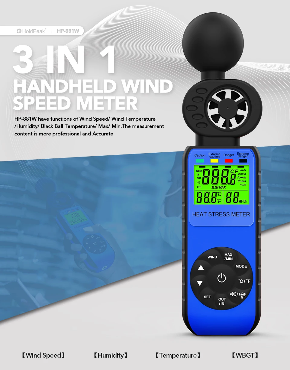 IBUTG 3 em 1 anemômetro portátil HP-881W do medidor de velocidade do vento