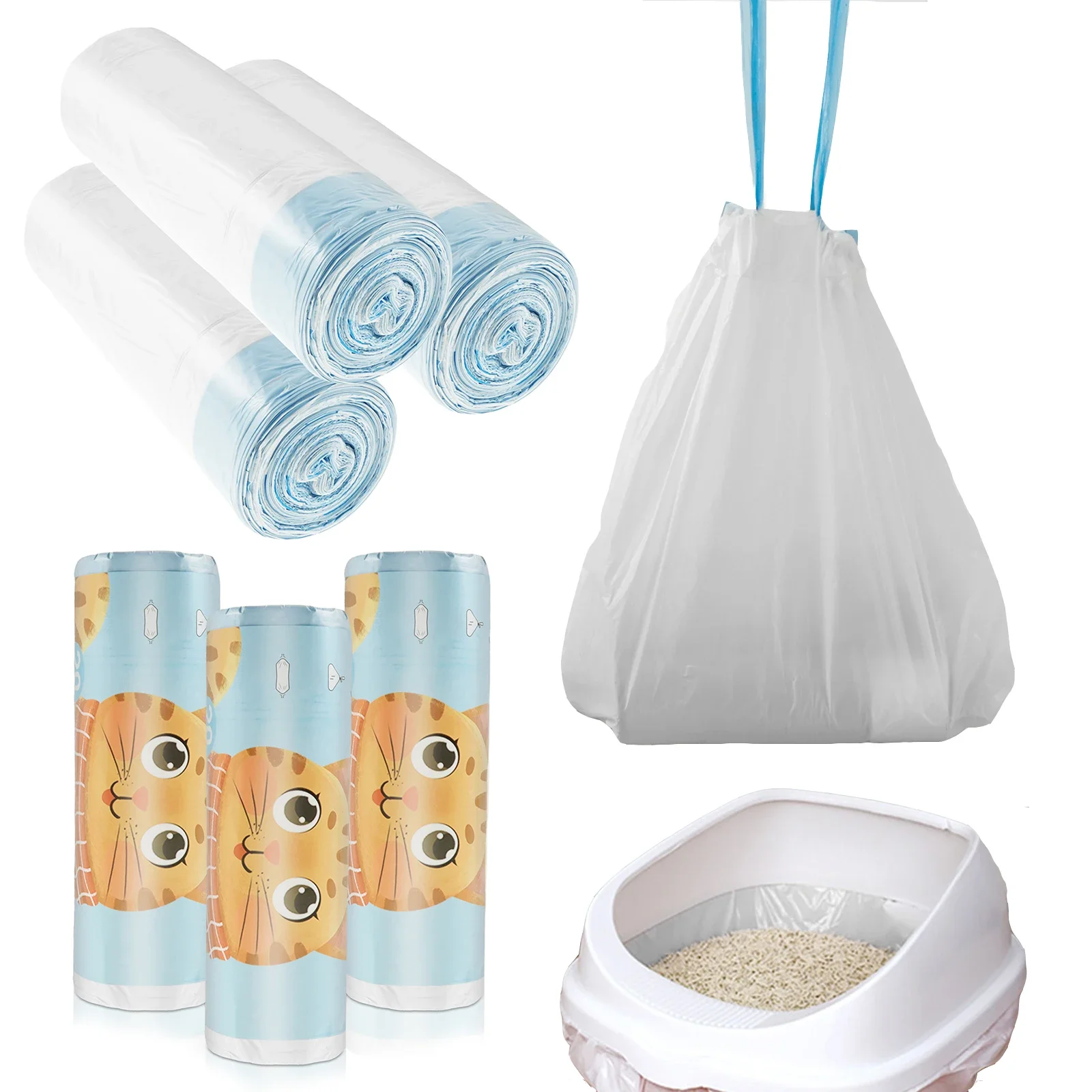 3 Rolls Cat Poop Bags Litter Box Extra Thick Large Drawstring Closure ...