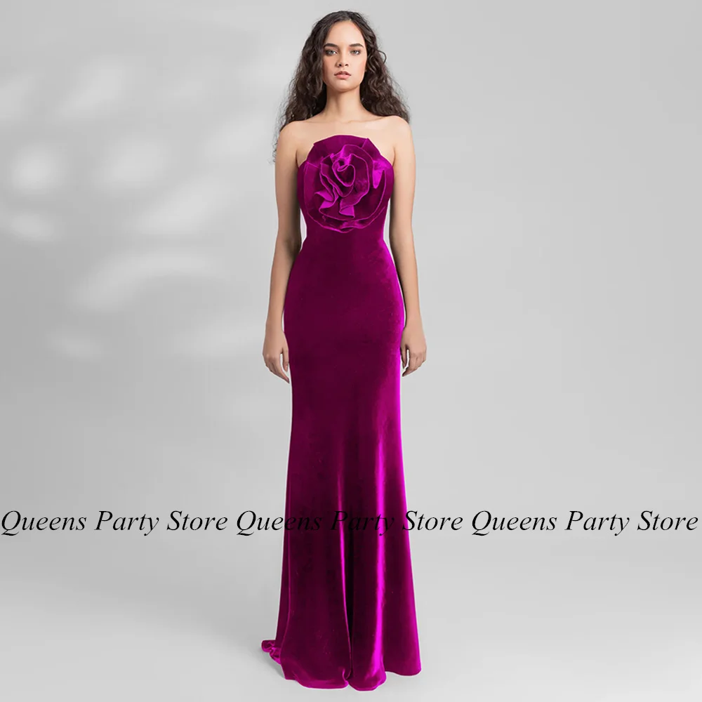 Purple Velour Evening Dress Strapless Sleeveless Big Flower Open Back ...