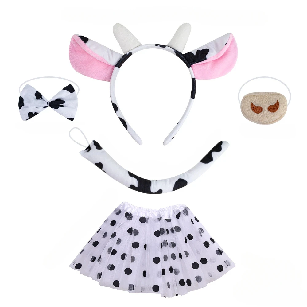 Animal Cow Cattle Costume Set Ear Headband Tail Bowtie Nose Gloves Tutu ...