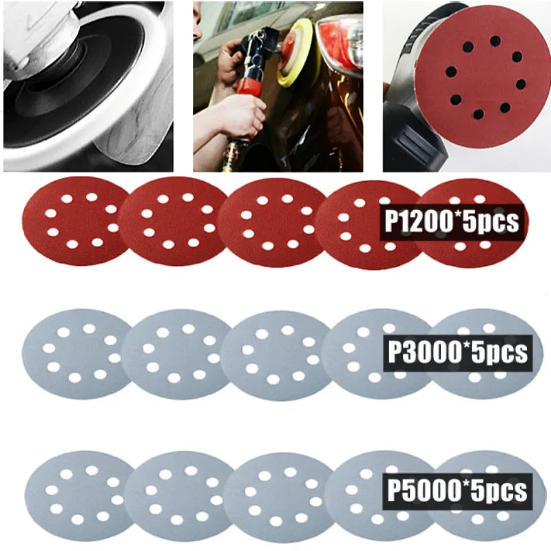 15pcs-5Inch-125mm-Round-Sandpaper-8Hole-Sanding-Disc-Metal-Auto-Wood ...